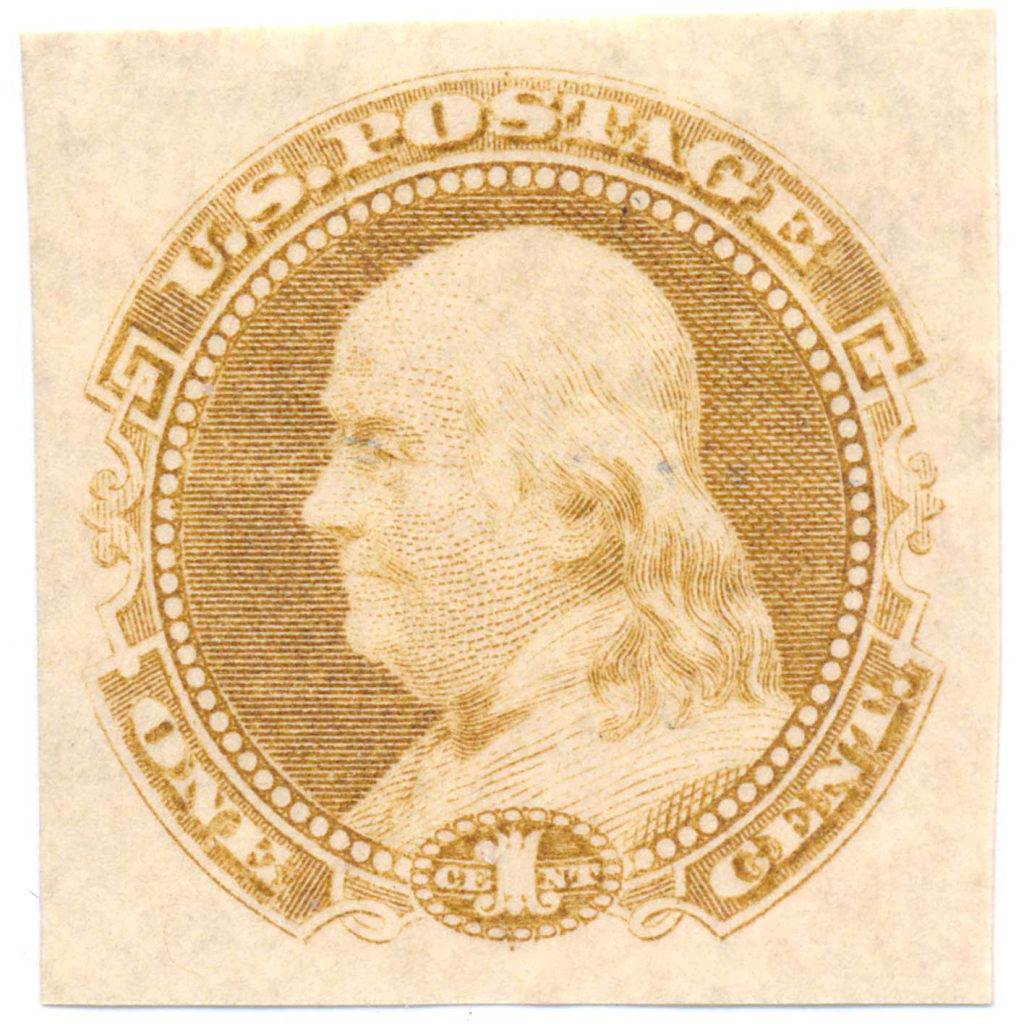 112-E4b 1c Franklin plate essay on stamp paper, OG, imperforate, buff ...
