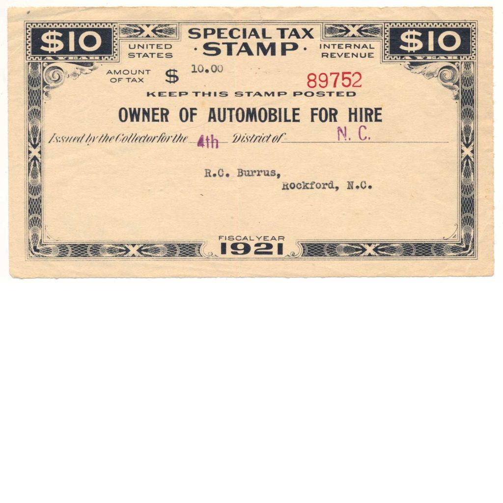 1921 Special Tax Stamp, Owner of Automobile for Hire, 1921 - Match and ...